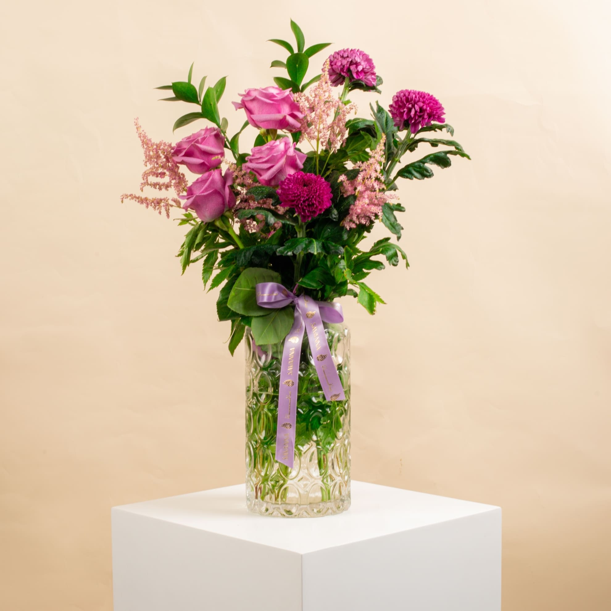 SAVANNA Boutique. Glass Vase|Purple Roses